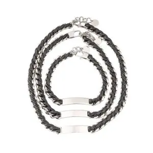 THEANIMALS Silver / Black Leather Braid Bold Necklace Rhodium - Silver/black