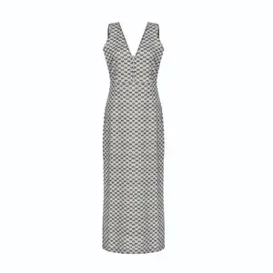 WOMEN & WOMEN White / Blue Eden, Navy Jacquard, Side-slit, Long Cotton Blend Dress - White/blue