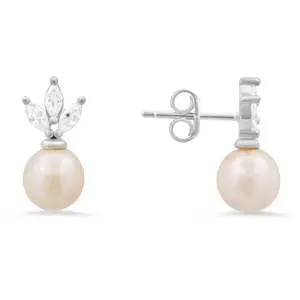 KYLIE HARPER Marquise-cut Diamond Cz & Pearl Drop Stud Earrings In Sterling - Silver