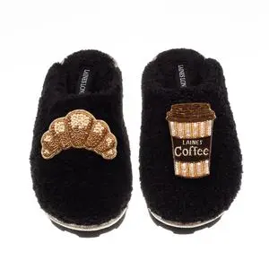 LAINES LONDON Teddy Towelling Closed Toe Slippers With Croissant And Coffee Brooches - Black