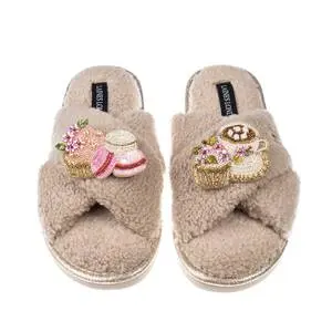 LAINES LONDON Neutrals Neutral Boucle Slippers With Macaroon Brooches Oatmeal - Brown