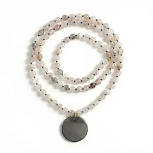 HEATHER HAWKINS Rockabye Long Gemstone Necklace Mixed Agate Pyrite Coin - Grey