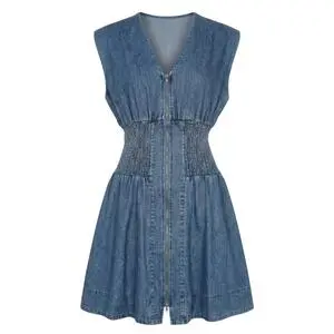 MODENAIRE Denim Mini Dress Smocked Waist - Blue