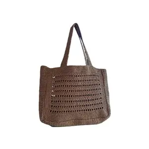 SPRINGMOONATELIER Handmade Raffia Shoulder Bag With Leather Snap Closure - Brown