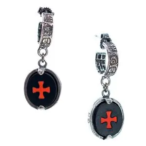 GEM KINGDOM Black / Silver / Red Sterling Silver Black & Coral Inlay Cross Drop Earrings - Black/silver/red