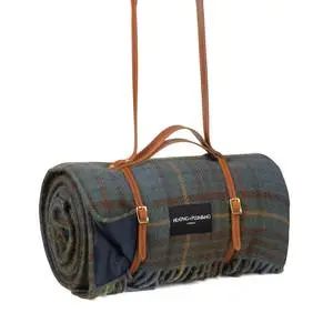 HEATING & PLUMBING LONDON Pure New Wool Picnic Blanket Classic Hunting Lodge Tan Strap - Brown