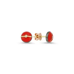 ECCE ARTISAN DIAMONDS Enamelled Very Mini Multi Diamond Buttons 14k Yellow Gold Earring - Red