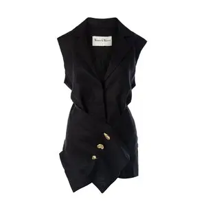 WOMEN & WOMEN Linen Vest Shirt With Decorative Belt - Black