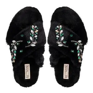 RETTROSE Thea Luxury Plush Diamanté Embellished Handmade Slipper - Black