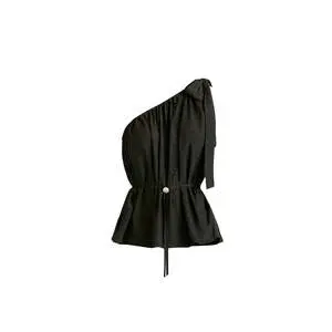 PAISIE Sparkled One Shoulder Bow Top - Black