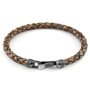 ANCHOR & CREW Taupe Skye Silver & Braided Leather Bracelet Grey
