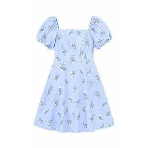 YUMI Cotton Floral Puff Sleeve Skater Dress - Blue