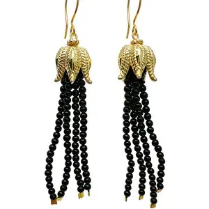 FARRA Obsidian Beaded Tassel Earrings - Black