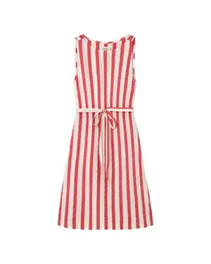 THINKING MU Striped Seersucker Bow Cecile Dress - Red
