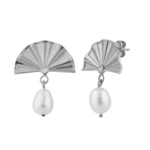 SPERO LONDON Fine Diamond Sterling Pearl Drop Fan Earrings - Silver