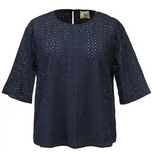 SMART AND JOY Eyelet Cotton Lace Loose Blouse Navy - Blue