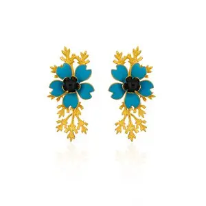 MILOU JEWELRY Flower Earrings With Gold Branches - Blue