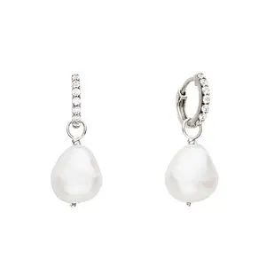 LILY & ROO Small Sterling Huggie Pearl Drop Earrings - Silver