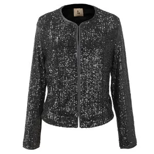 SMART AND JOY Round Collar Glitter Jacket - Black