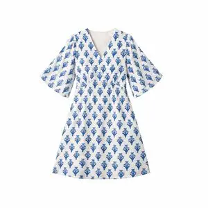 HOUSE OF GL Soreia Hand-block Printed Cotton Dress - White/blue