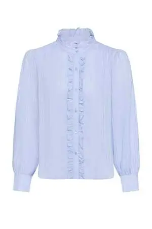 GUINEA Frill Fronted Cotton Blouse Pale - Blue