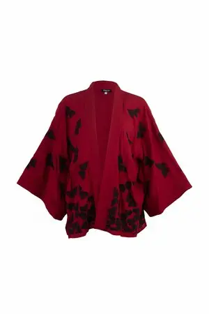 ARTEMIS MUSE Wine Kimono With Black Embroide Butterflies Kimono - Red