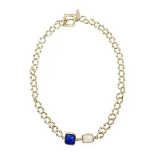 FARRA Lapis And White Moonstone With Chain Modern Necklace - Blue