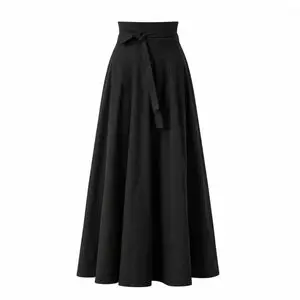 NIKKA PLACE Maxi Cotton Skirt With Bow Tie Detail - Black