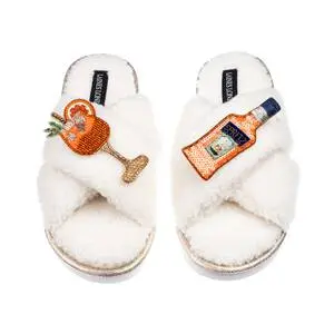 LAINES LONDON Cream Boucle Slippers With Embellished Summer Spritz Brooches
