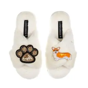 LAINES LONDON Embellished Corgi & Paw Slippers - White