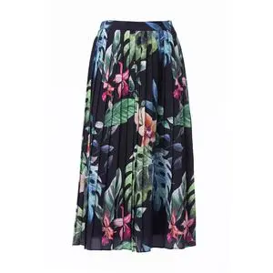 CARLOSLINES Pleated Midi Skirt In Multi-colored Palms Print - Black