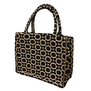 BERBER LEATHER Moroccan Print Fabric Tote Bag - Black