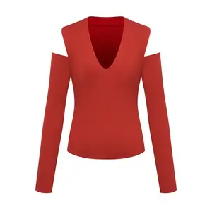 EMMA WALLACE Ribbed Wool Cold Shoulder V-neck Top - Red