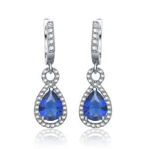 GENEVIVE Blue / White / Silver Cubic Zirconia Sterling Silver Rhodium Plated Sapphire Pear Shape Drop Earrings - Blue/white/silver