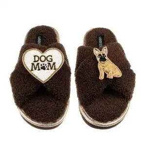 LAINES LONDON Neutral Boucle Slippers With Embellished Dog Brooches - Brown