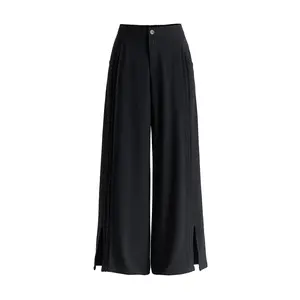 PAISIE Wide Leg Trousers With Side Pleats And Split Hem - Black