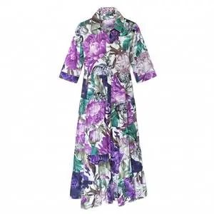 PERLAVERA Maribelle Fusion Plum -printed Three Quarter-sleeve Length Maxi Dress - Purple