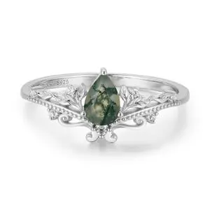 AZURA JEWELRY NEW YORK Lotus Moss Agate Ring In White Gold Vermeil - Silver