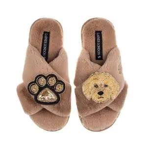 LAINES LONDON Faux Fur Slippers With Embellished Paw And Cockapoo Brooches