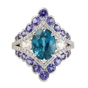 ARTISAN White / Blue Natural Blue Zircon, Tanzanite & Diamond Ring In 18k White Gold - White/blue