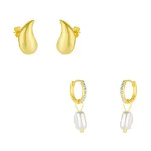 SPERO LONDON Pear Teardrop And Huggie Pearl Drop Earrings In Sterling Silver - Gold