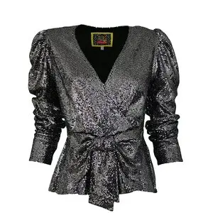 LALIPOP DESIGN Dark Silver Sequin Blouse With Peplum Hem - Grey