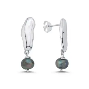 LINYA JEWELLERY Gera Black Pearl Dangle Earrings - Silver