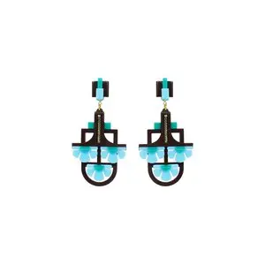 GISSA BICALHO Handmade Acrylic Earring Pendant Three Flowers Chocolate - Blue