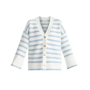 PAISIE Striped Ribbed Cardigan In White & Light Blue - Blue/white