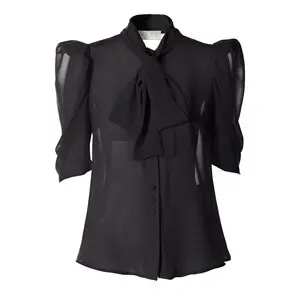 AGGI BY HALEWSKI Angel Pure Short Puffed Sleeve Chiffon Blouse - Black
