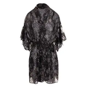 CONCEPT A TROIS Printed Veil Kimono With Chantilly Lace Details - Black