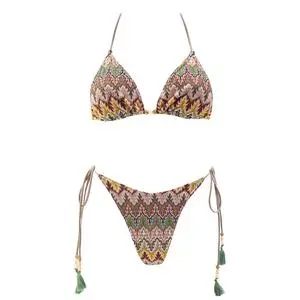 AULALA PARIS Neutrals Rose Blush Triangle Broderie Bikini With Tessels - Blue
