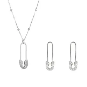 SPERO LONDON Sterling Jewelled Safety Pin Necklace With Beaded Chain & Earring Set - Silver