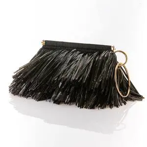 SPEIRA Raffia Fringe Clutch With Gold Tone Hoop Detail - Black
